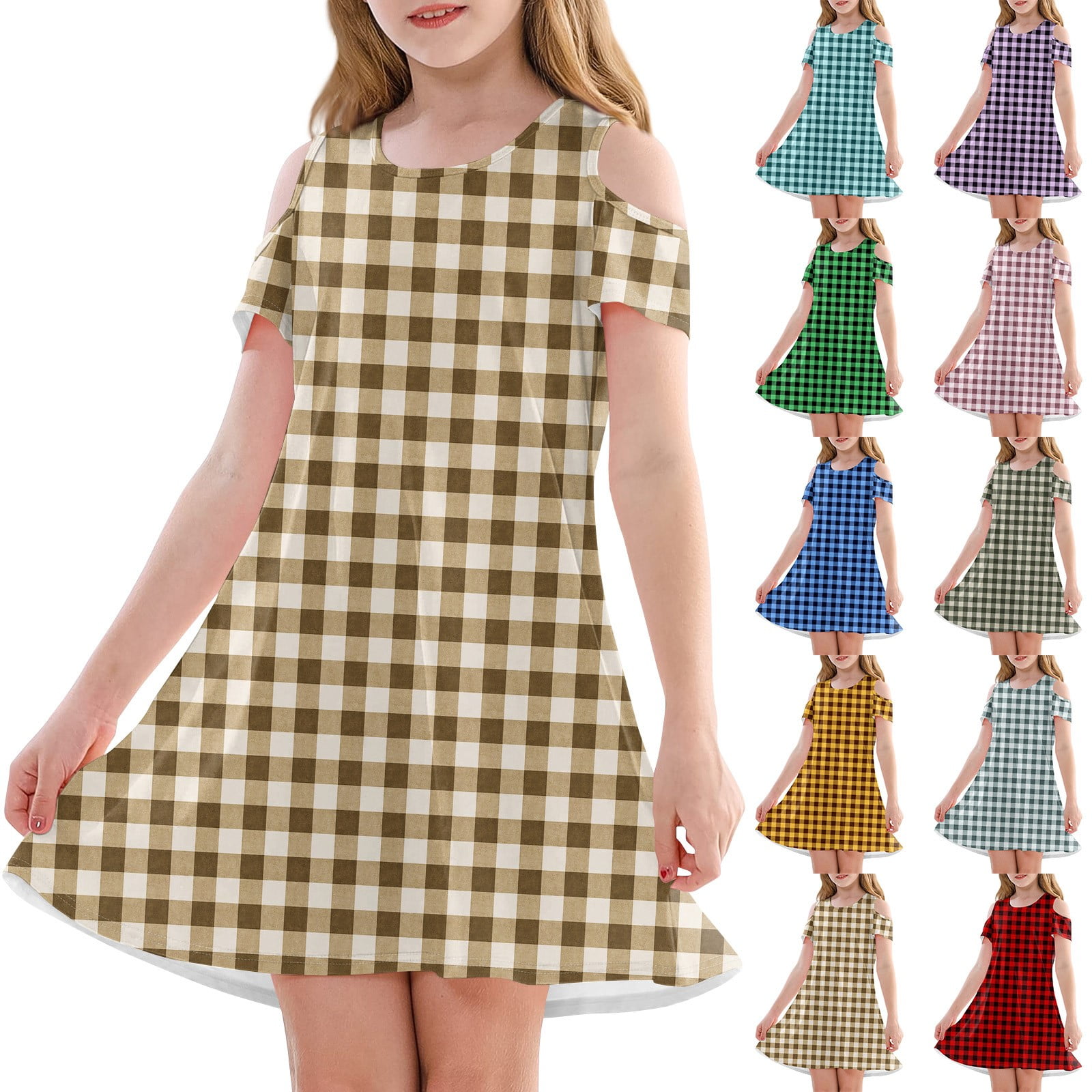 Girls 2025 Summer Dresses Cold Shoulder Plaid Dress Soft Fabric ...