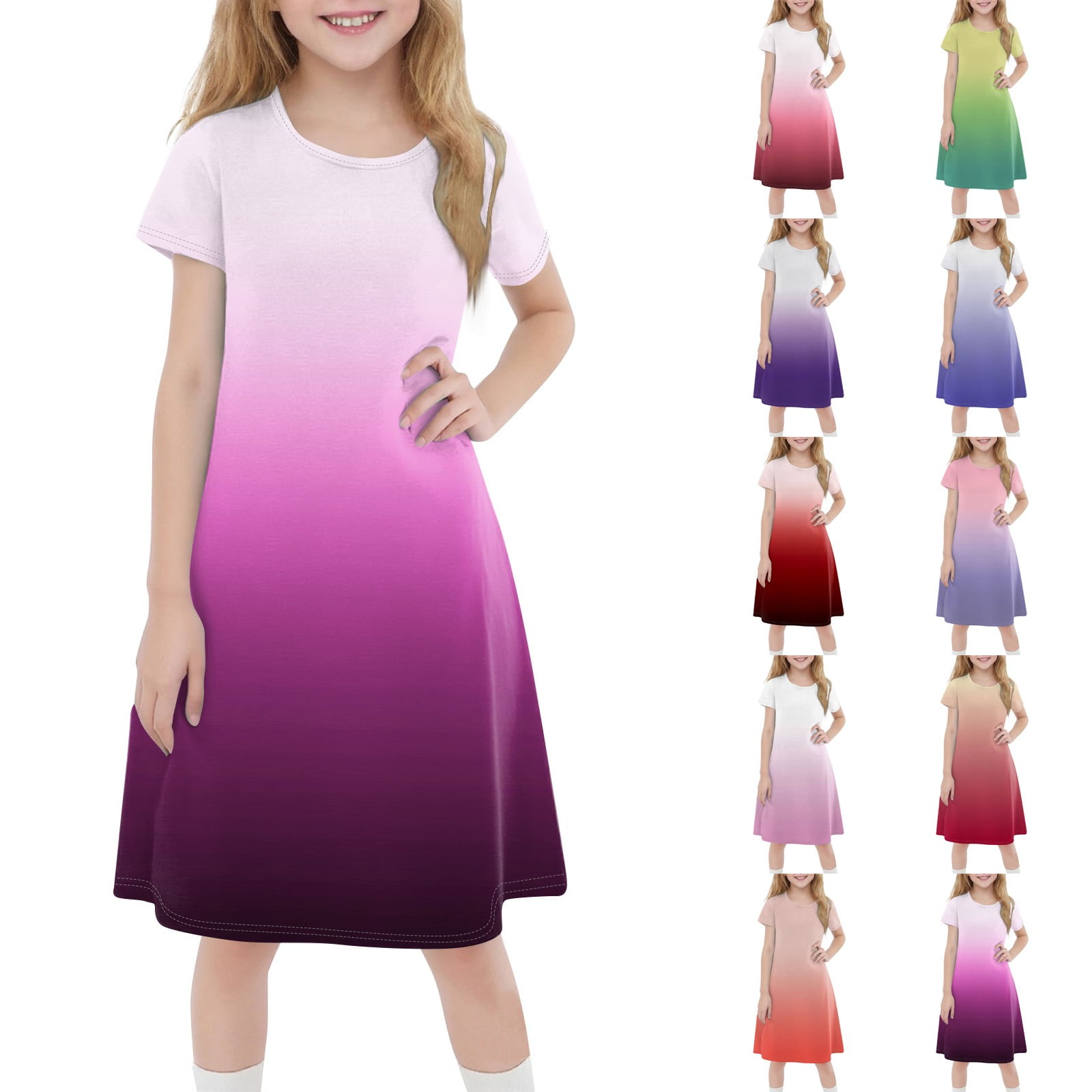 Girls 2025 Summer Dresses Gradient Short Sleeve Casual Dress Soft and ...