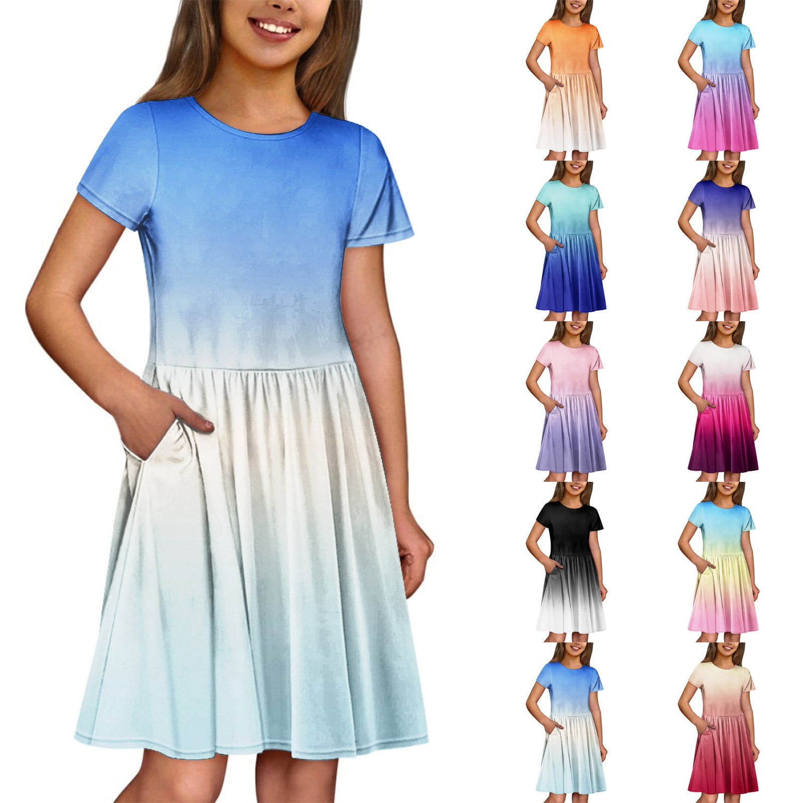 Girls 2025 Summer Dresses Short Sleeve Dress with Pockets Casual Summer ...