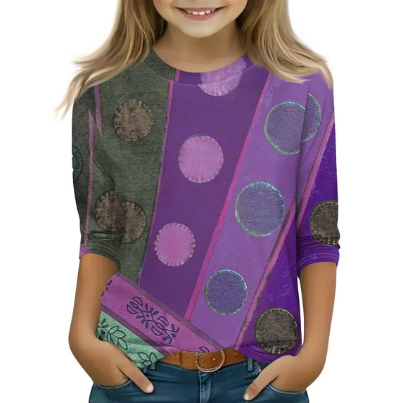 Girls 3/4 Sleeve Shirts Casual Summer Tops Floral Print Crew Neck Loose ...