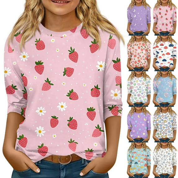 Girls 3/4 Sleeve Shirts Loose Fit Casual Tops Cartoon Print Crew Neck ...