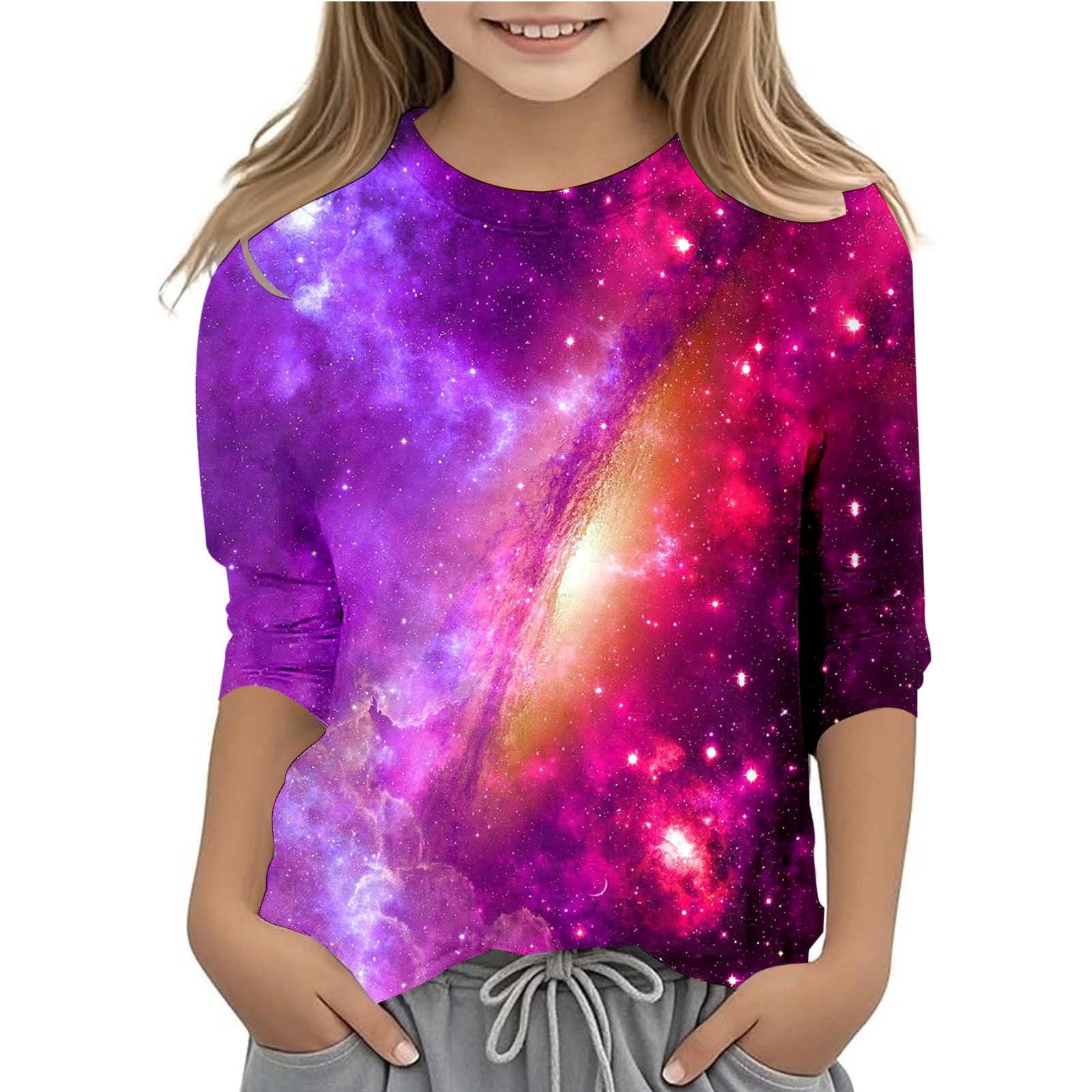 Girls 3/4 Sleeve T Shirts Galaxy Starry Universe Sky Round Neck Tee ...