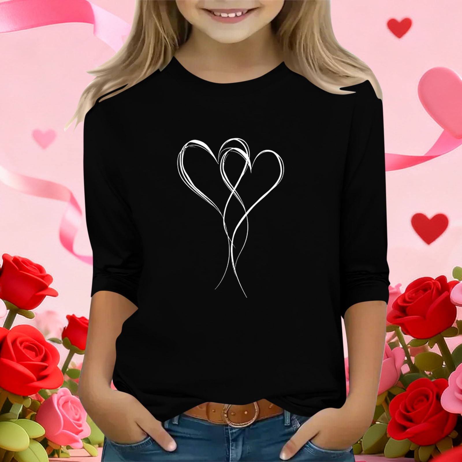 Girls 3/4 Sleeve Top Black, Round Neck Cold Shoulder Heart Graphic ...