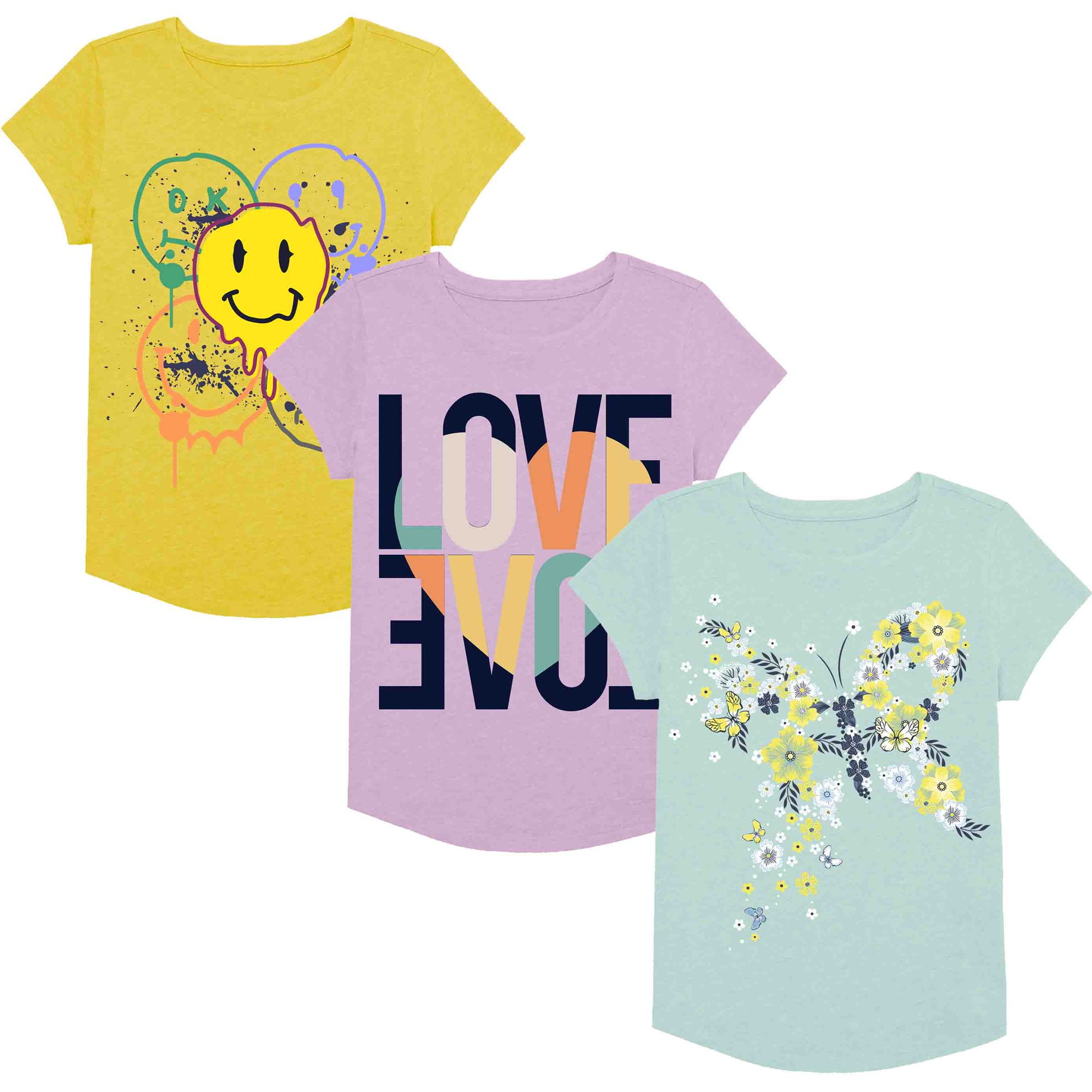 Girls 3-Pack Graphic Tee, Baby Girl T-Shirts, Assorted Colors, Sizes 4 ...