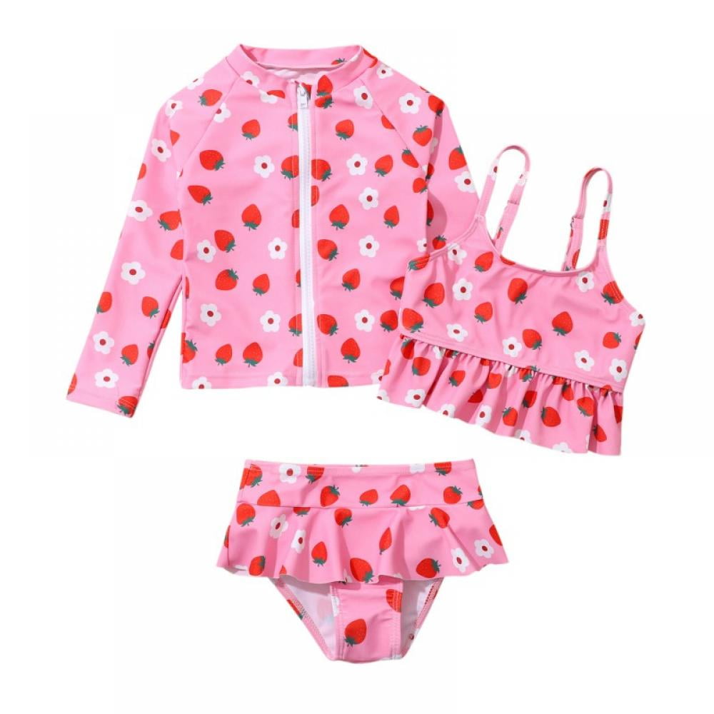 Girls 3 Piece Long Sleeve Rash Guard Tankini Swimsuit Set Strawberry ...