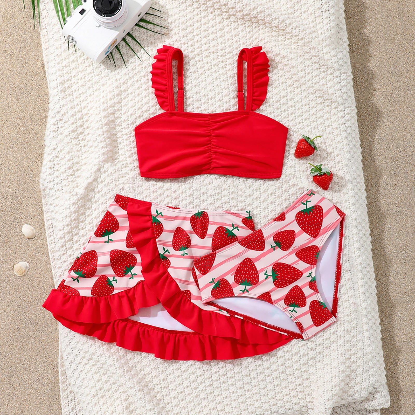 Girls 3 Piece Swimsuit Bathing Suit Cute Floral Print Bikini Set With ...