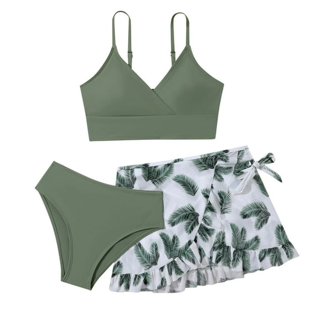 Girls 3 Piece Swimsuit Bathing Suit Cute Floral Print Bikini Set With