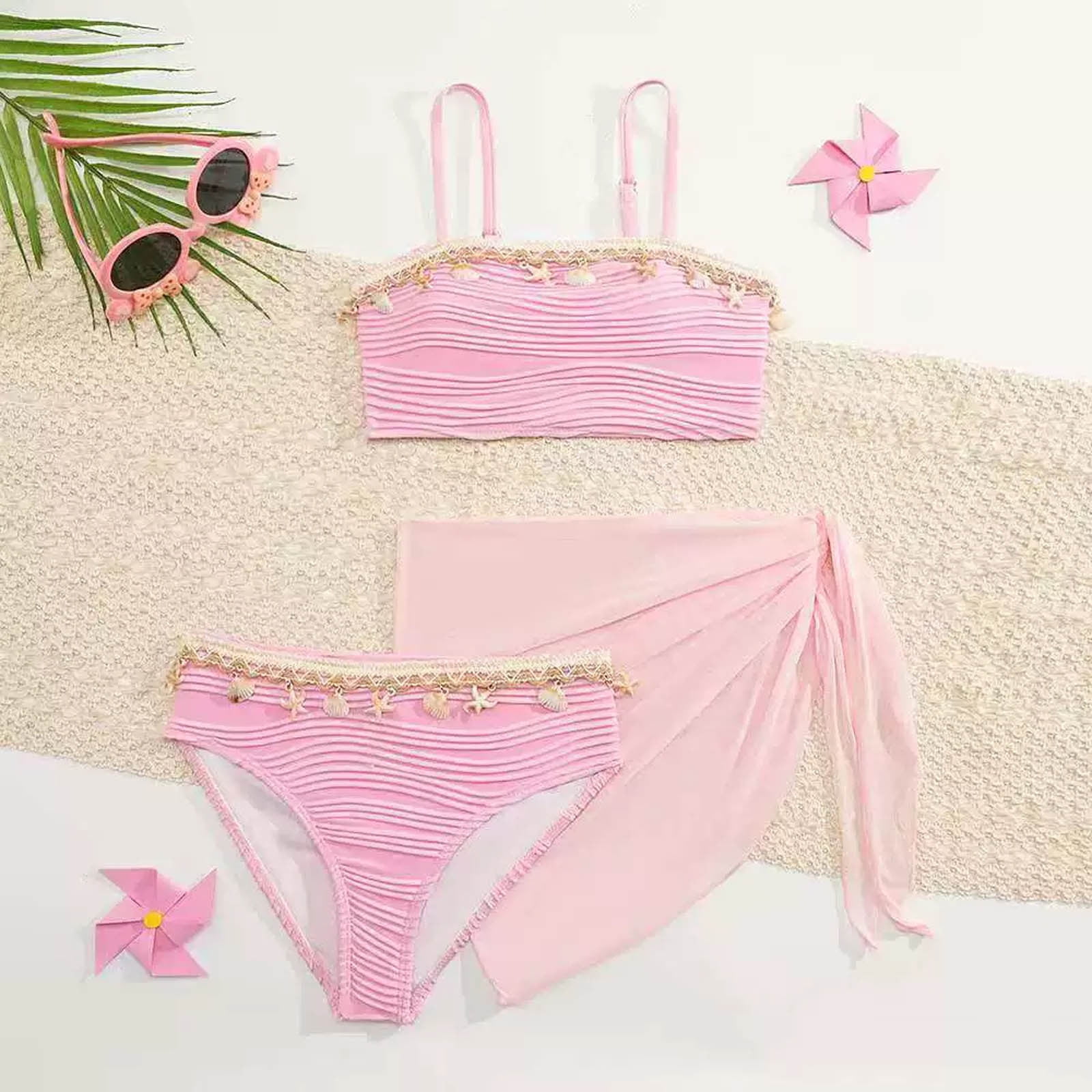 Girls 3 Piece Swimsuit Set Bikini Sets Beach Pink Swimsuit Girls with ...