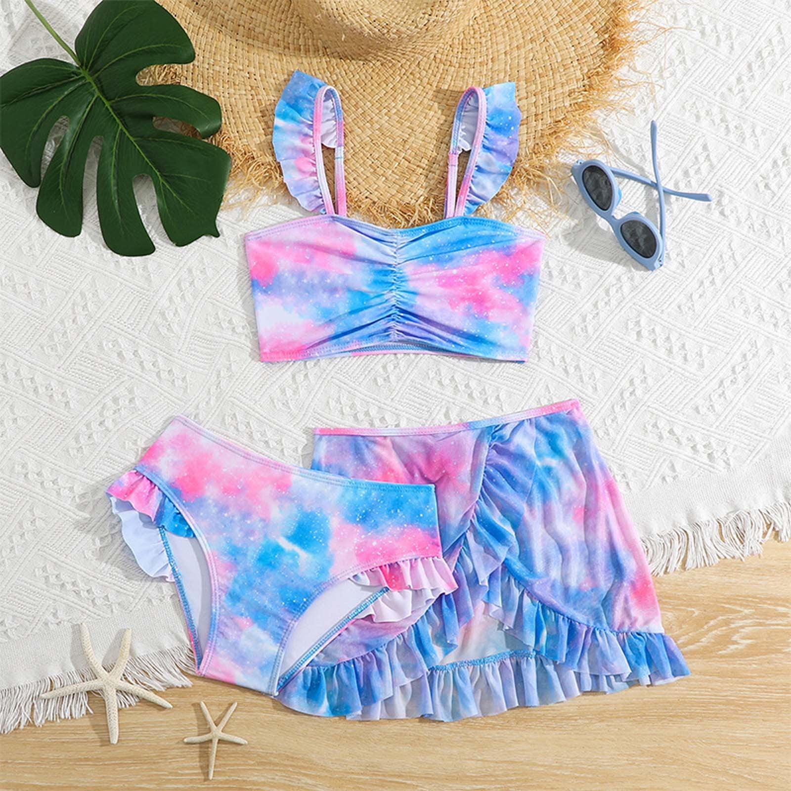 Girls' 3 Piece Swimsuit Set Textured Halter Triangle Bikini Set with ...