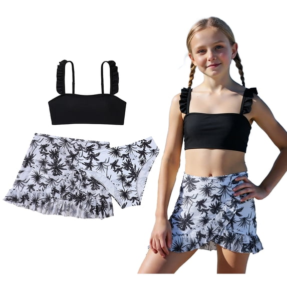 Girls 3 Piece Swimsuit Set with Adjustable Straps & Tropical Print ...