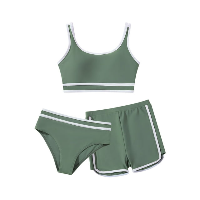 Girls' 3 Piece Swimsuit Solid Color High Waisted Bikini Set Bathing ...