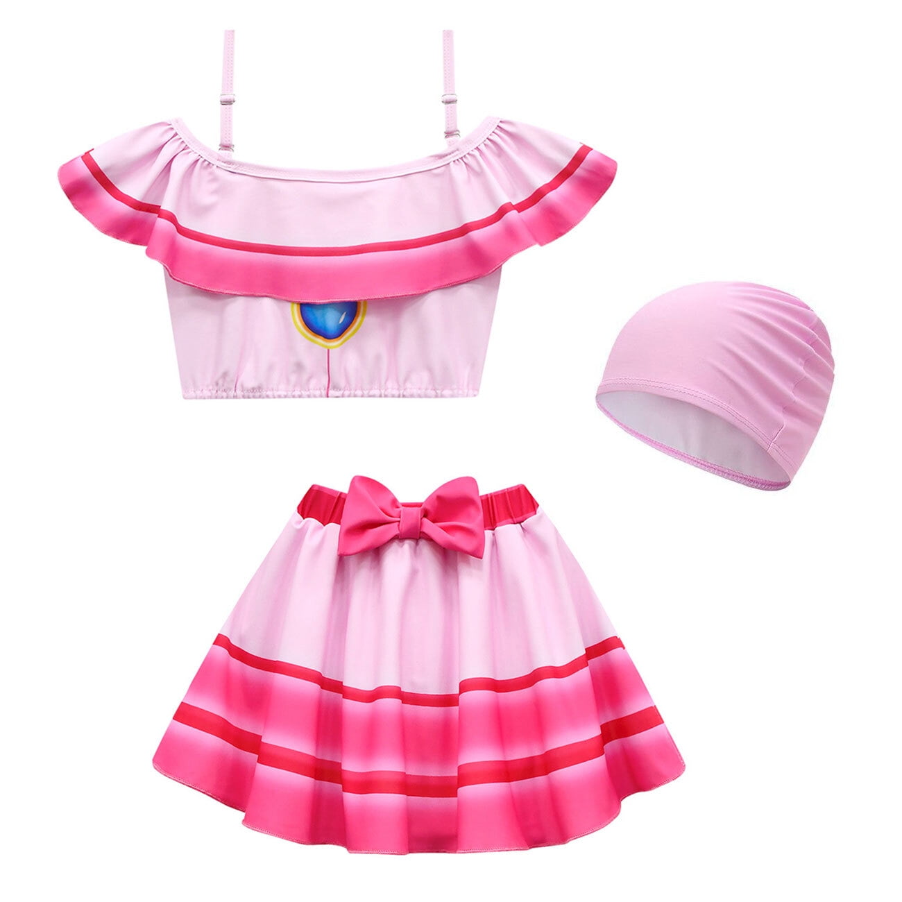 Girls 3-Piece Swimsuit with Swimming Cap Super Brothers Peach Bathing ...