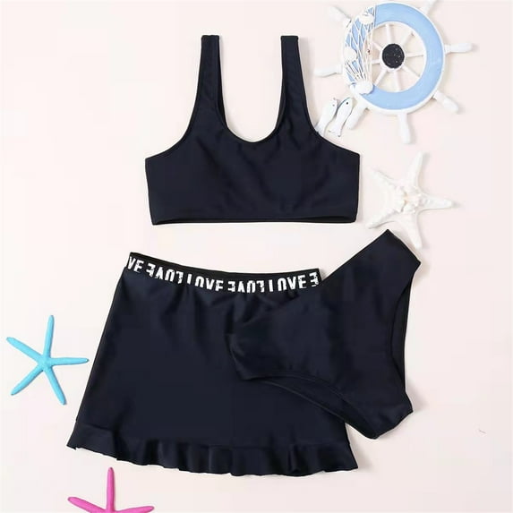 Girls 3 Piece Swimwear Set Solid Color Bikini with Letter Print Skirt ...