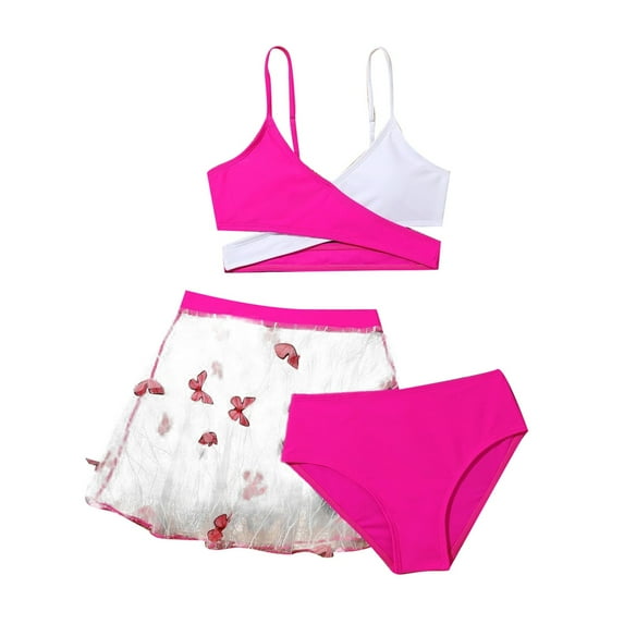 Girls 3-Piece Tankini Swimsuit Floral Printed Swimwear for Kids Beach ...