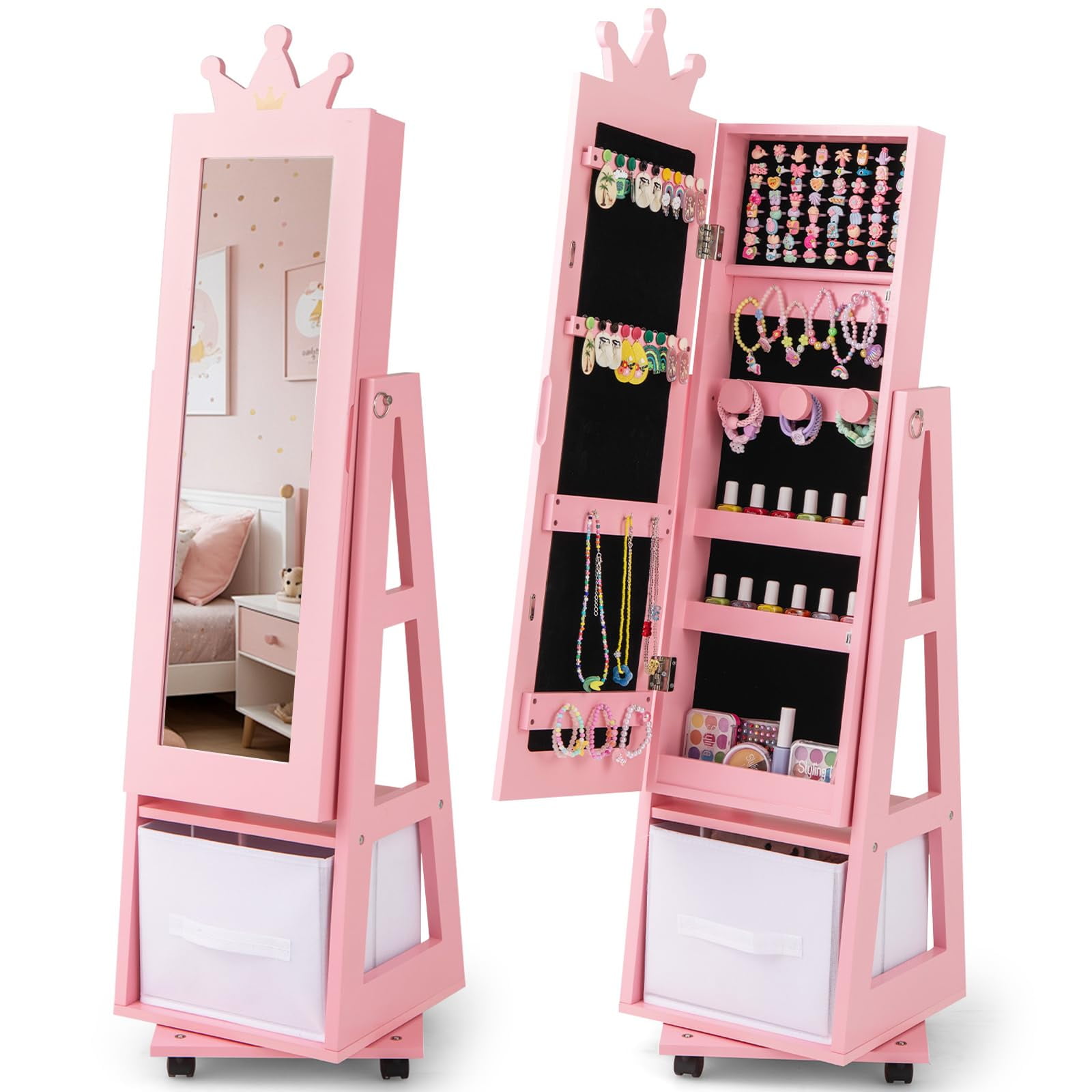 Girls 360° Swivel Jewelry Cabinet with Mirror, 48" Tall Vanity ...