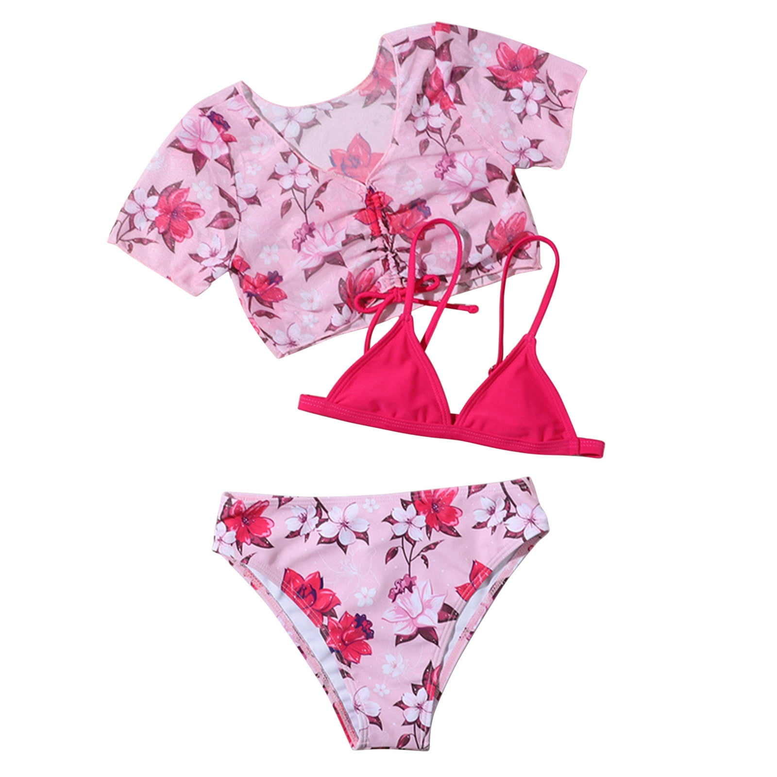 Girls 3PC Beach Swimsuit Floral Print Swimwear Girls Swimsuit 3 Piece ...