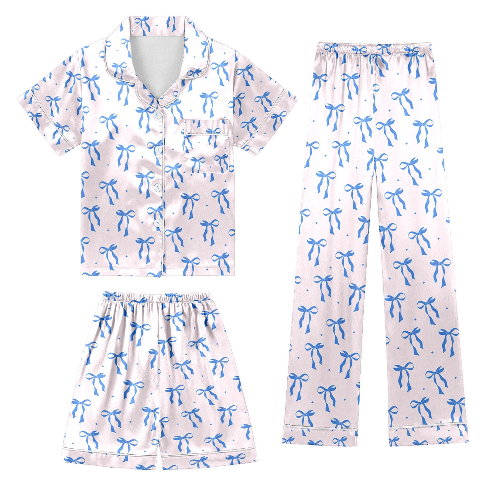 Girls 3Pcs Pajamas Button Down Pjs Short Sleeve Long Pants with Shorts ...