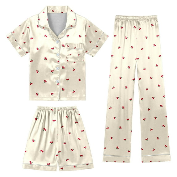 Girls 3Pcs Pajamas Satin Button Down Pjs Short Sleeve Top Shorts & Long ...
