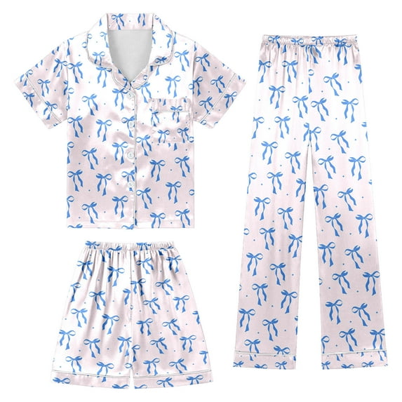 Girls 3Pcs Pajamas Satin Button Down Pjs Short Sleeve Top Shorts & Long ...