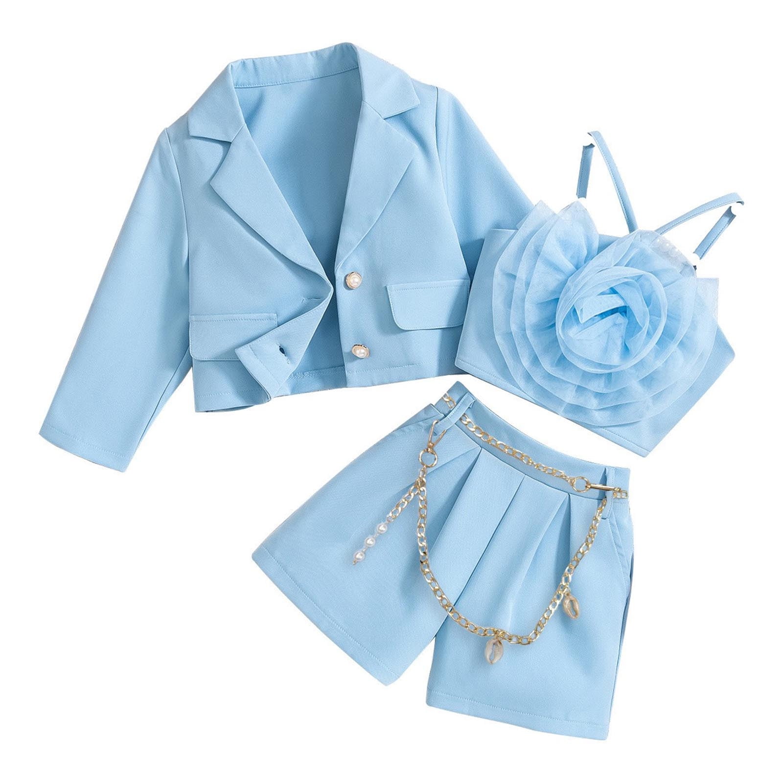 Girls 3Pcs Summer Outfits, Long Sleeve Button Down Blazer + Mesh Halter ...