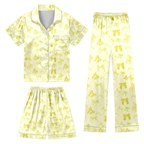 Girls 3pc Pajama Set Button-Down Pjs Short Sleeve Long Pants with ...