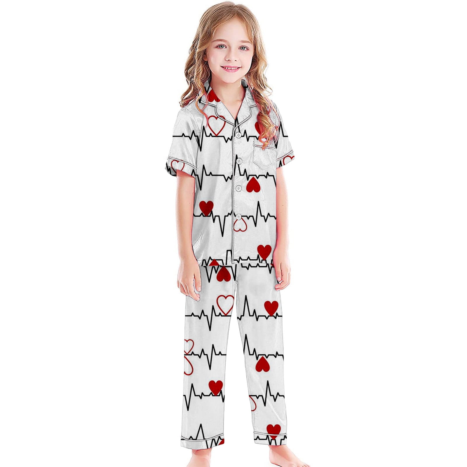 Girls 3pc Pajama Set Button-Down Pjs Short Sleeve Top Shorts & Long ...