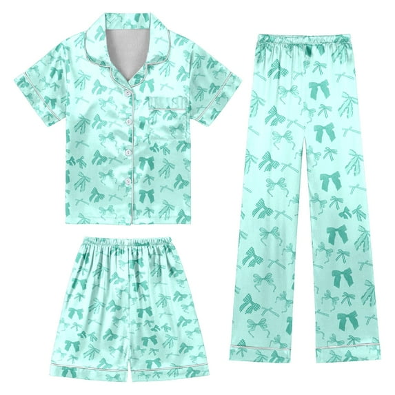 Girls 3pc Pajama Set Button Down Pjs Short Sleeve Long Pants with ...