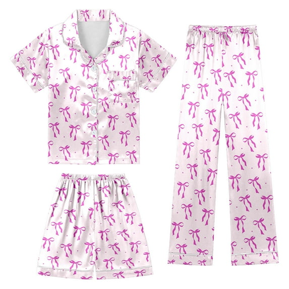 Girls 3pc Pajama Set Button Down Pjs Short Sleeve Top Shorts & Long ...