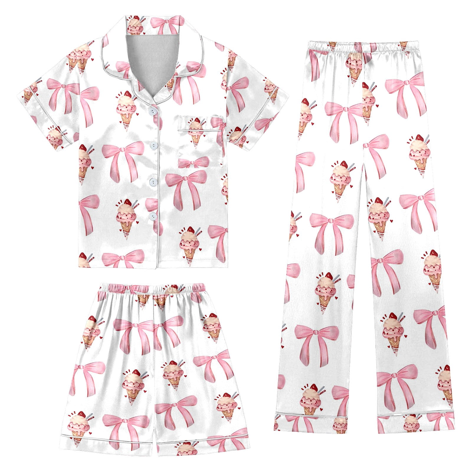 Girls 3pc Pajama Set Satin Button Down Pjs Short Sleeve Top Shorts ...
