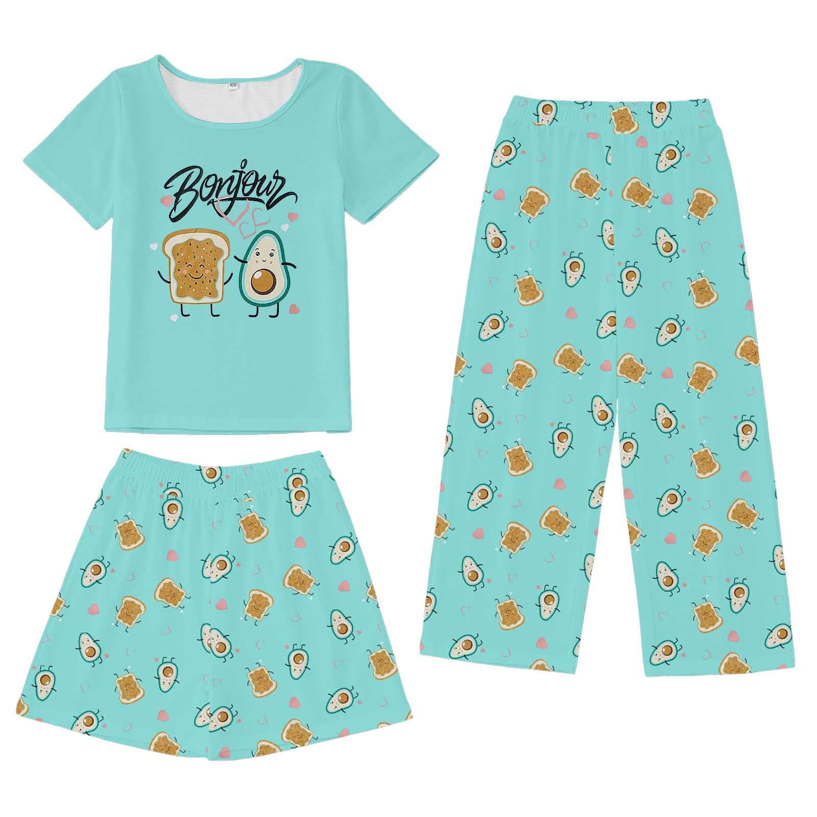 Girls 3pc Pajama Set Satin Button Down Pjs Short Sleeve Top Shorts ...