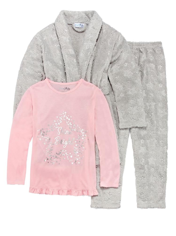 Girls 3pc Plush Pink & Gray Shine Bright Pajamas & Bath Robe House Coat ...