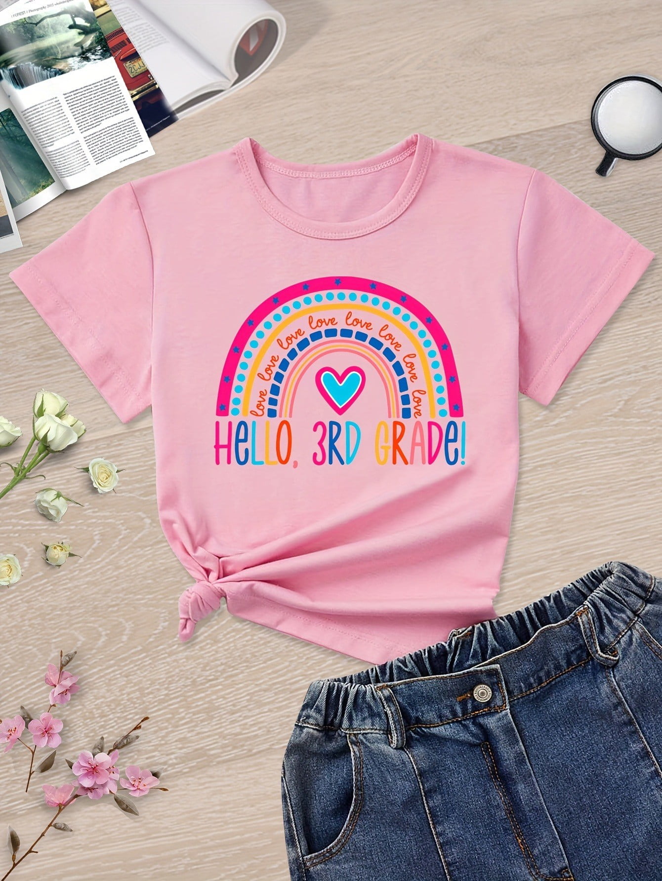 Girls' 3rd Grade Hello Rainbow T-Shirt - Black Short Sleeve Knit Top ...