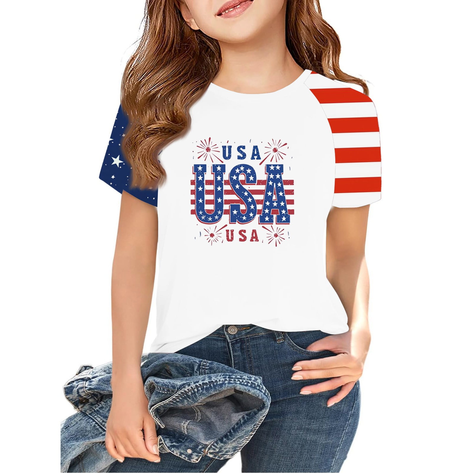 Girls 4th of July Shirts American Flag Shirt Raglan Short Sleeve Kids ...