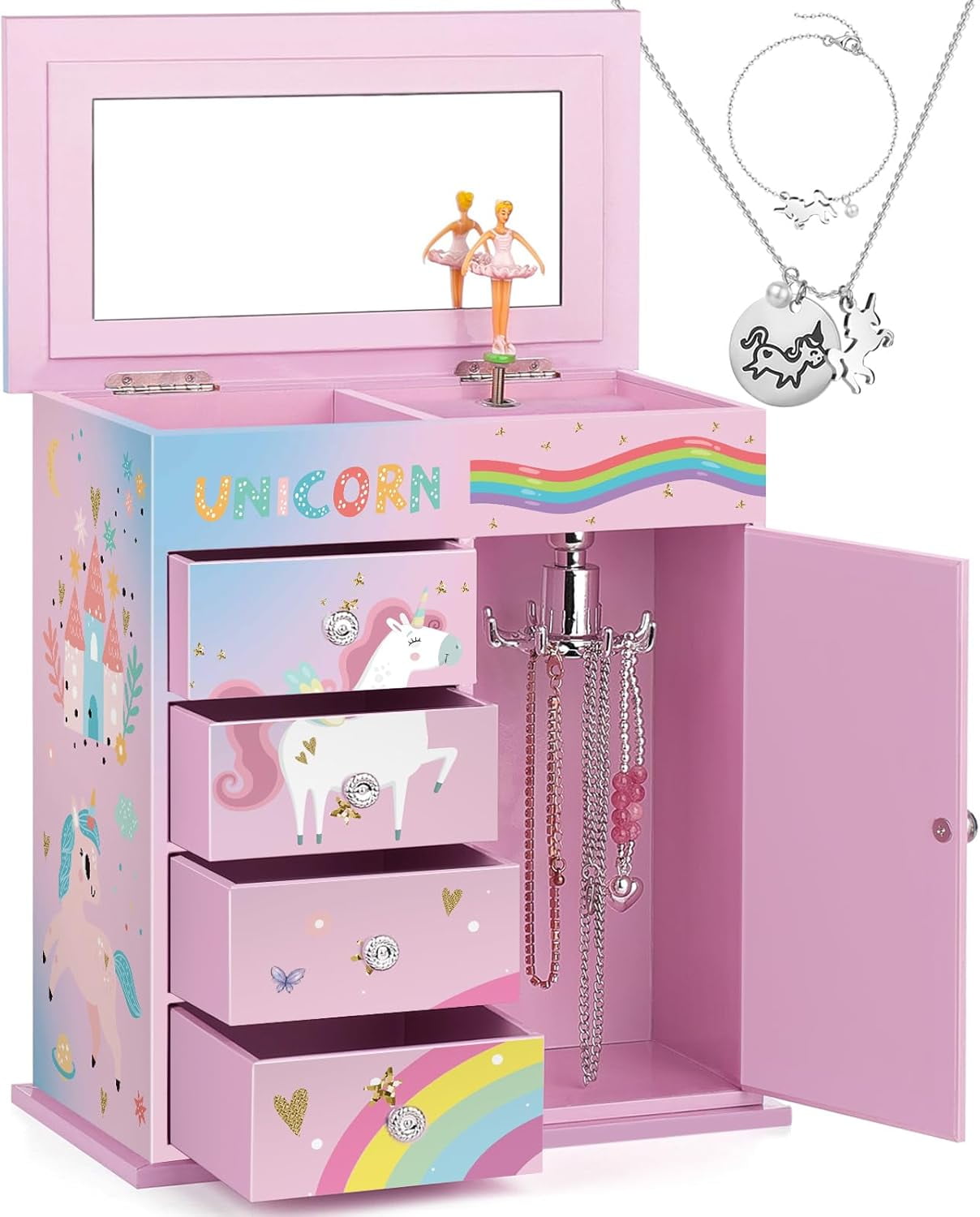 Girls' 5-Layer Jewelry Box with Spinning Ballerina, Unicorn & Castle ...