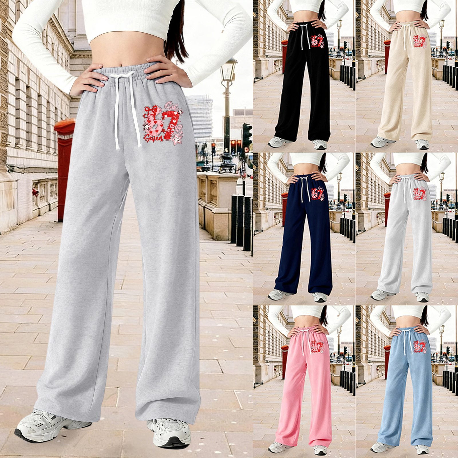 Girls 6 7 Six Seven Sweatpants Drawstring High Waist Wide Leg Sweat ...