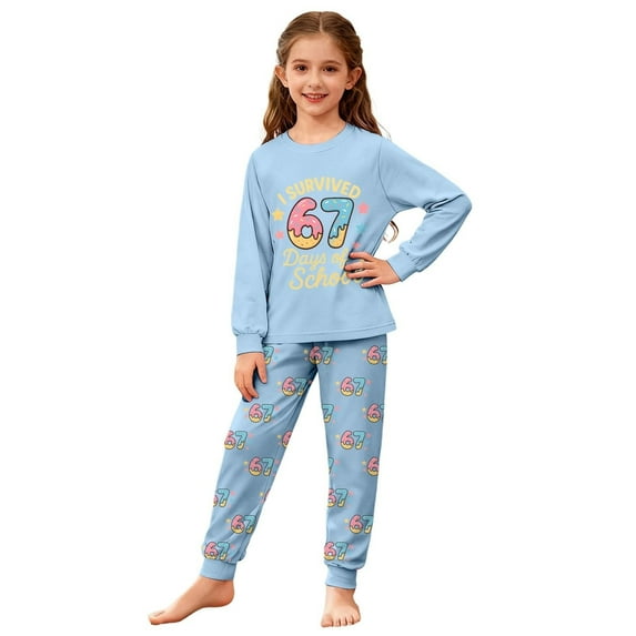 Girls 67 Print Pajamas Set Outfits Sleepwear Tops And Pants Set Clothes ...