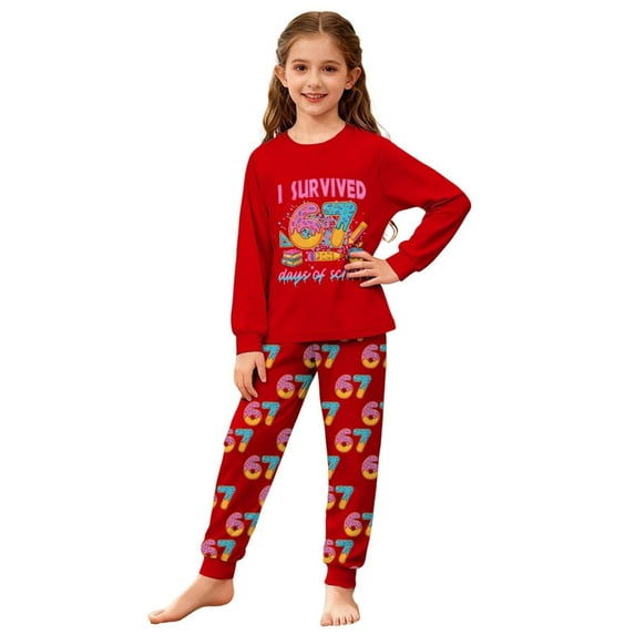 Girls 67 Print Pajamas Set Outfits Sleepwear Tops And Pants Set Clothes ...