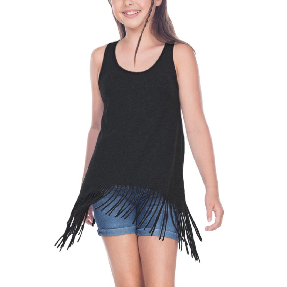 Girls 7-16 Sheer Jersey Raw Edge Fringe Asymmetrical Tunic Tank Black ...