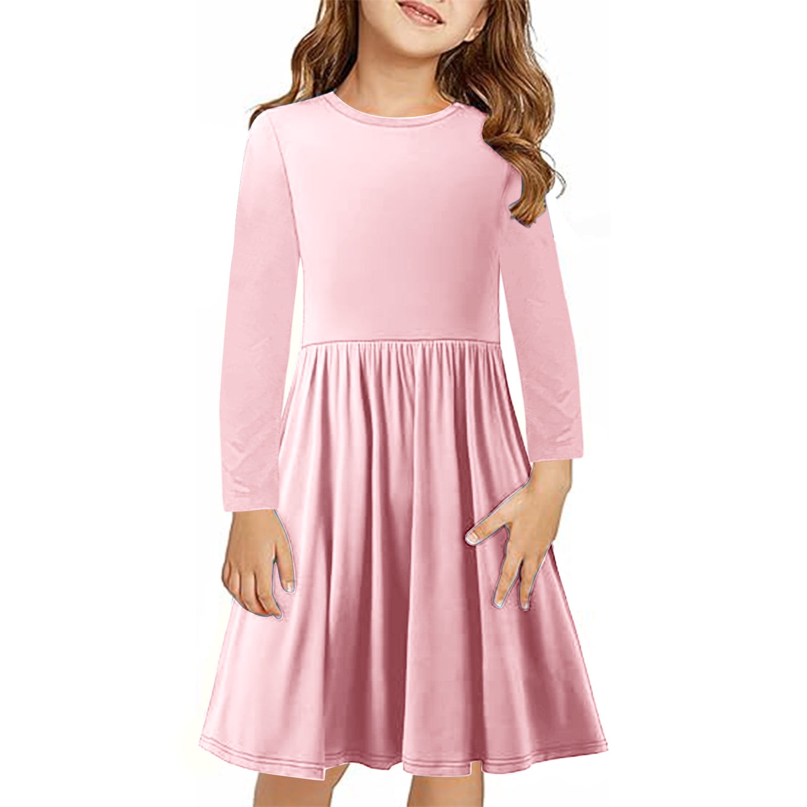 Girls A-Line Dresses Size 4-14 Teens Kids Casual Long Sleeve Crewneck ...