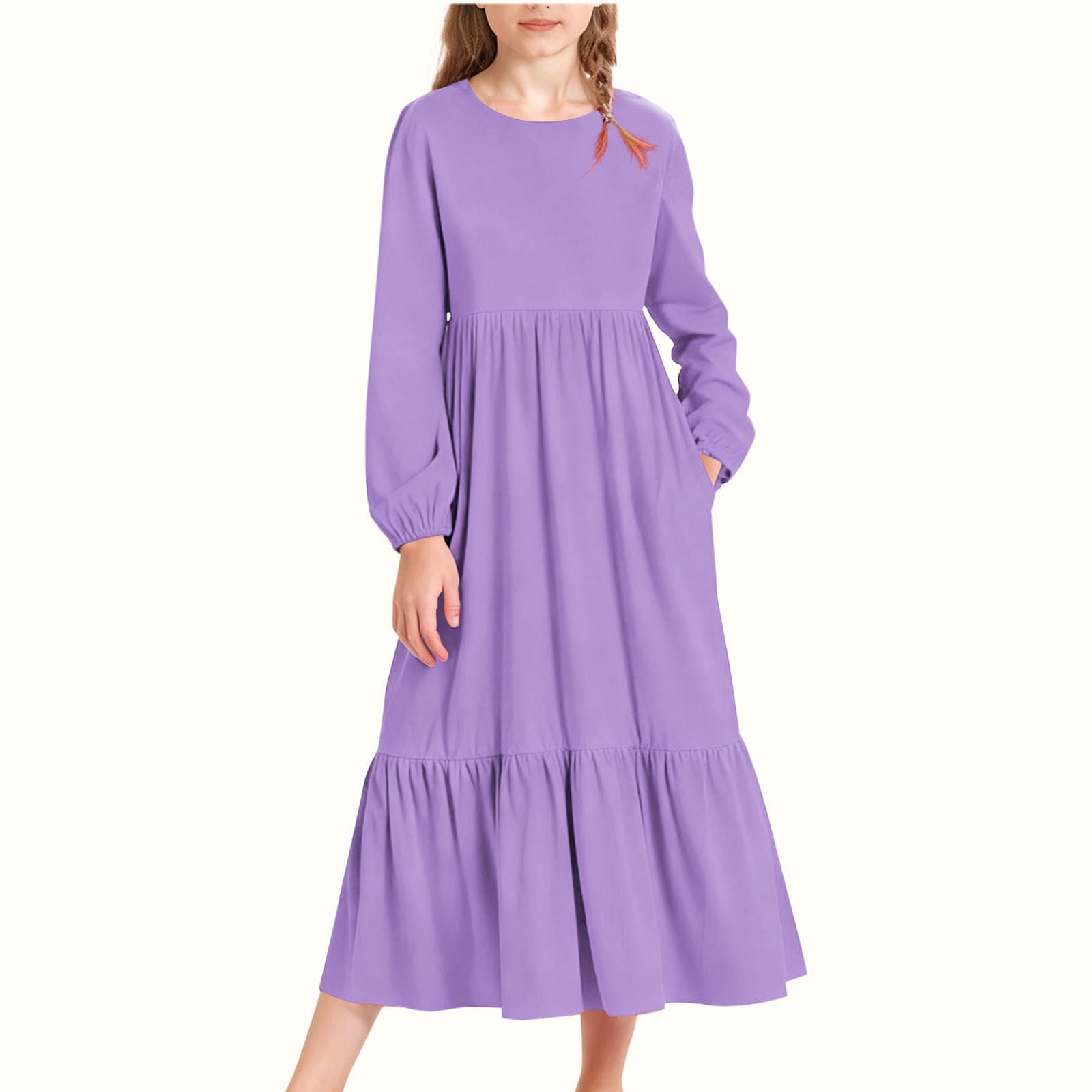Girls A-Line Maxi Dress Solid Color Loose Crew Neck Long Sleeve Casual ...