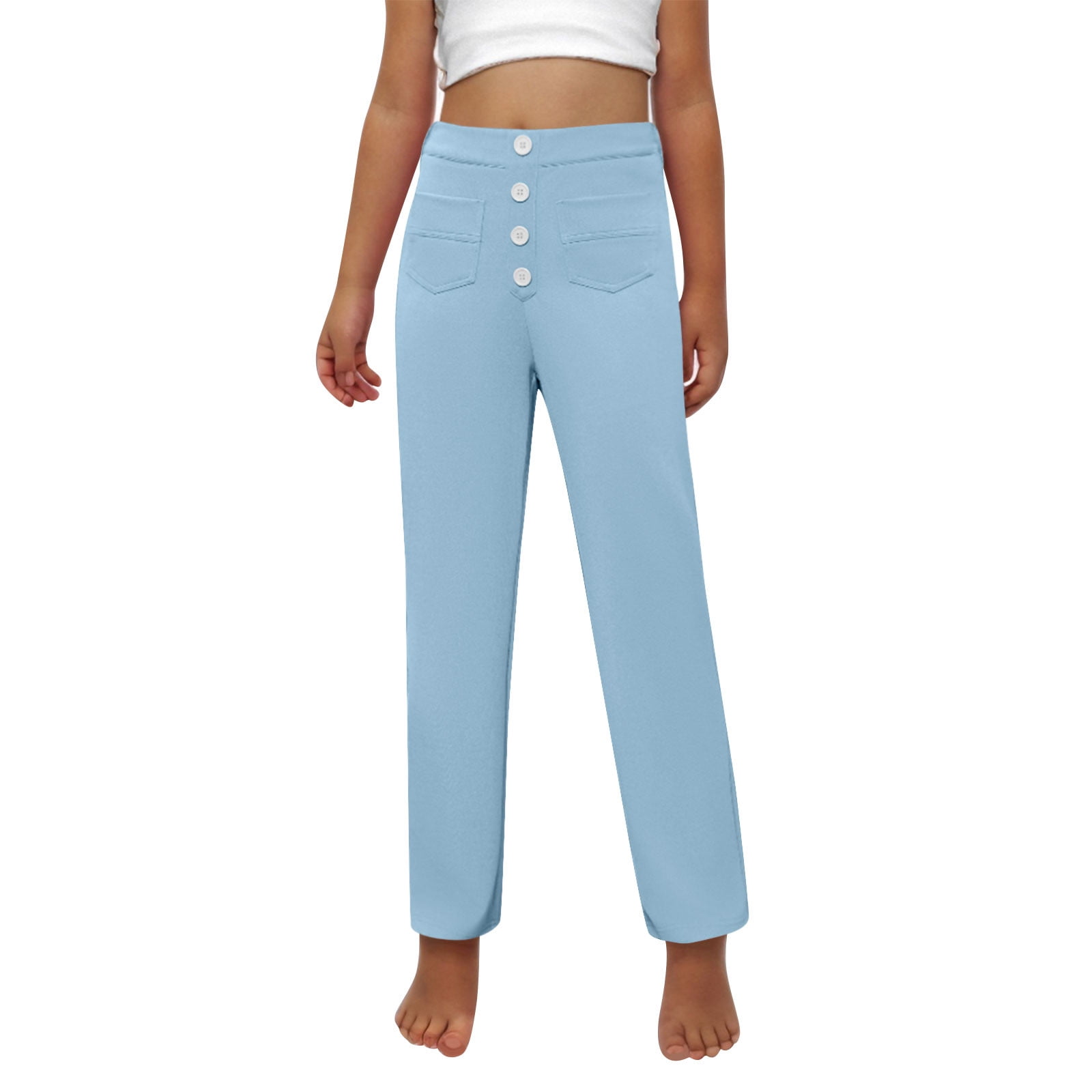 Girls' Active Pants New Girls Straight Leg Pants Kids High Waist Button ...