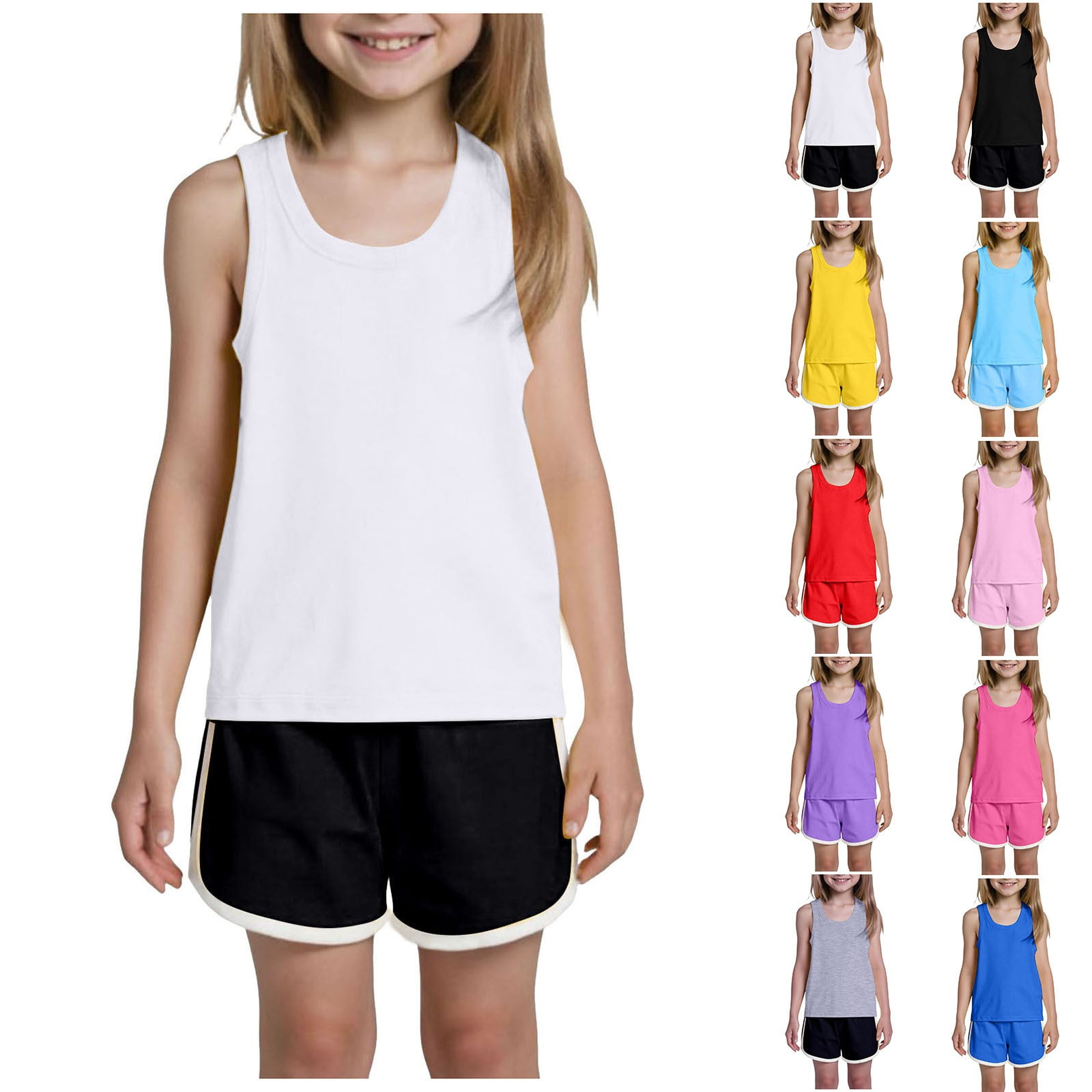 Girls' Active Shorts Set - 2 Piece Ribbed Knit Sleeveless Tank Top and ...