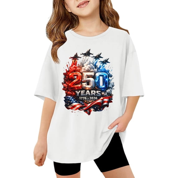 Girls America 250th Anniversary T-Shirt, Kids Patriotic 1776-2026 Short ...