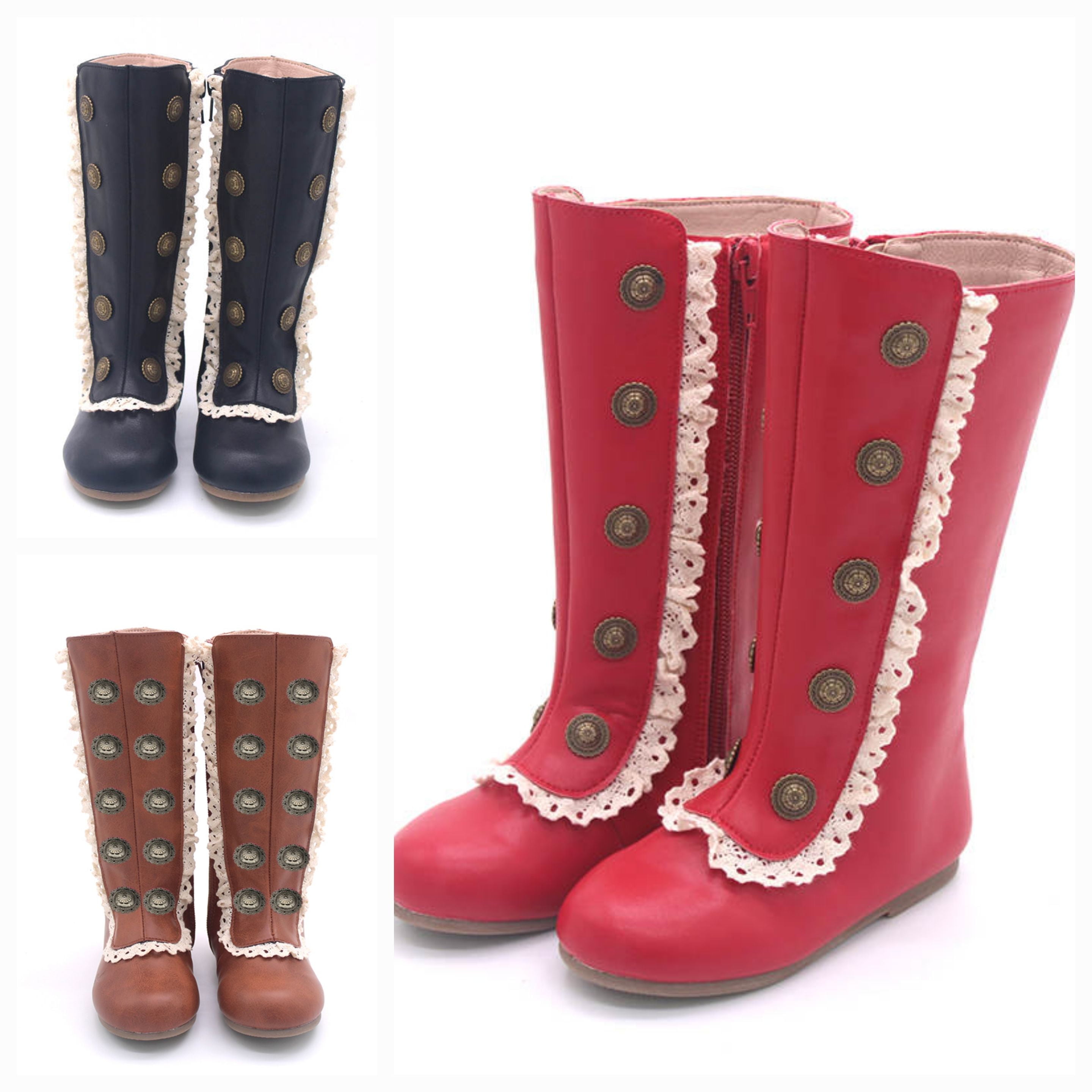 Girls Analise Leather Boots with buttons and lace, red, Toddler size 2 ...