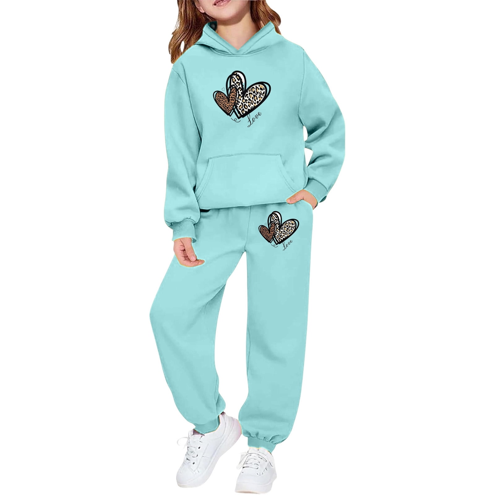 Girls Animal Print Hooded Sweatshirt And Jogger With Heart Design Two ...