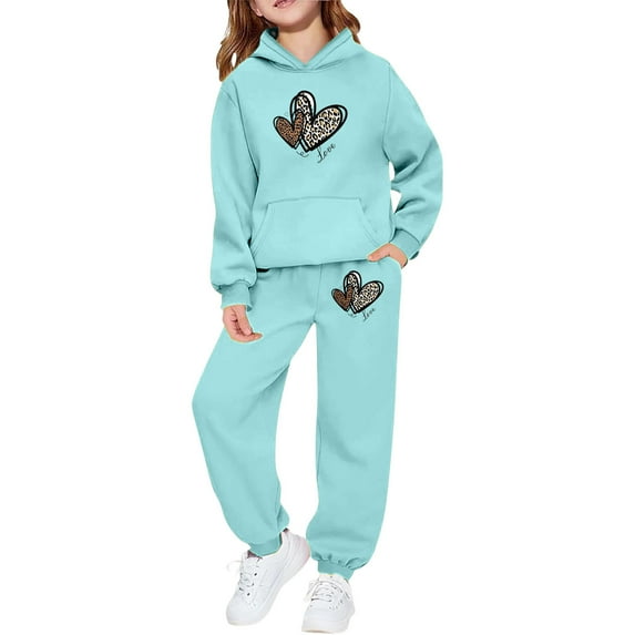 Girls Animal Print Hooded Sweatshirt And Jogger With Heart Design Two ...
