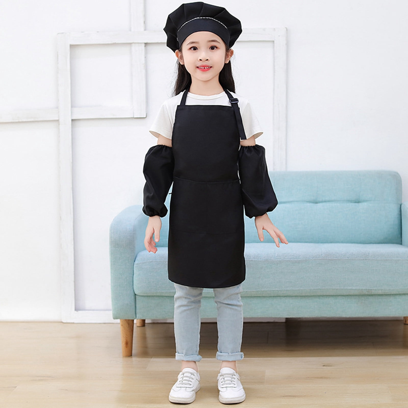 Girls Art Smock Long Sleeve Apron Hat Set for Children Painting and ...
