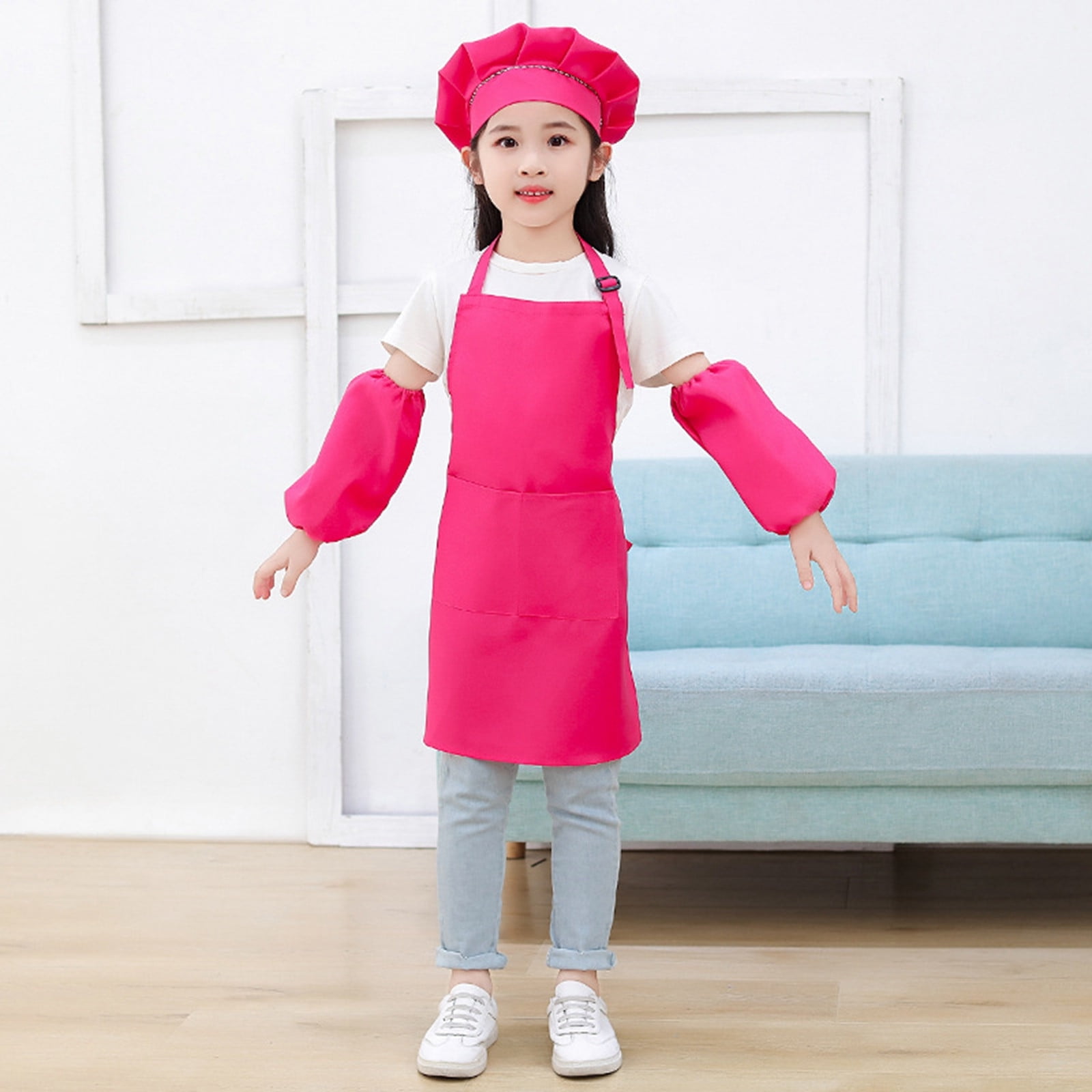 Girls Art Smock Long Sleeve Apron Hat Set for Children Painting and ...