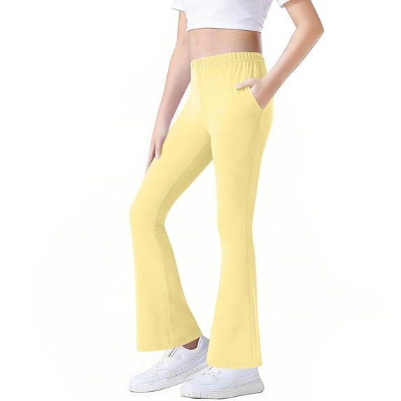 Girls Athletic Casual Yoga Flare Pants Workout Elastic Waist Long Bell ...