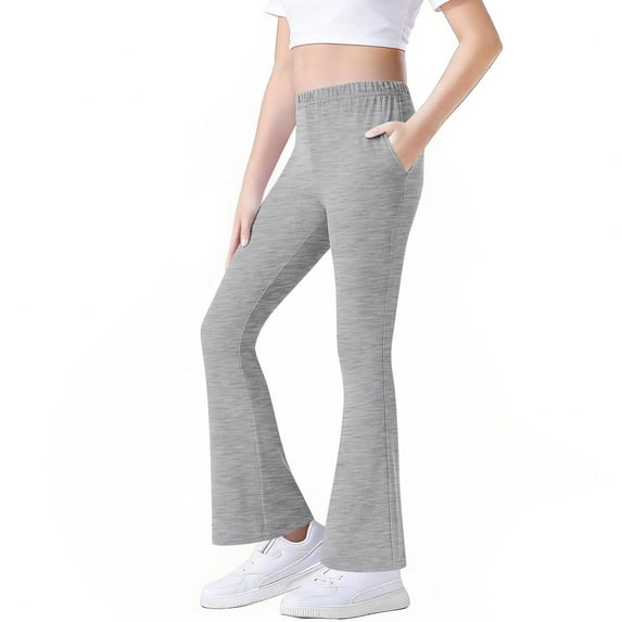 Girls Athletic Casual Yoga Flare Pants Workout Elastic Waist Long Bell ...